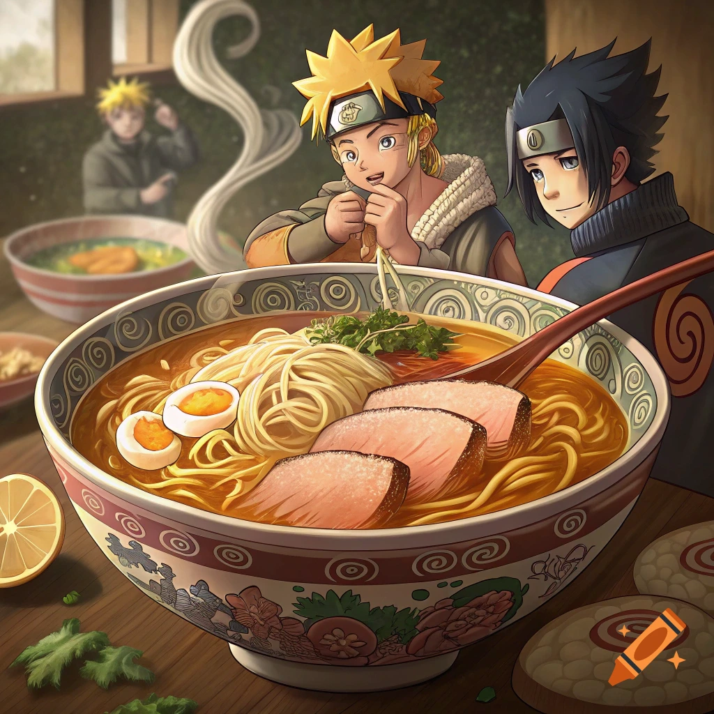 Anime illustration of Naruto and Sasuke looking at a large bowl of ...