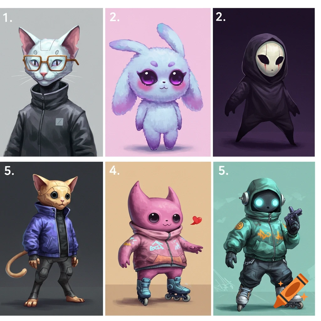 A grid of six illustrated fantasy characters, including a cat in ...