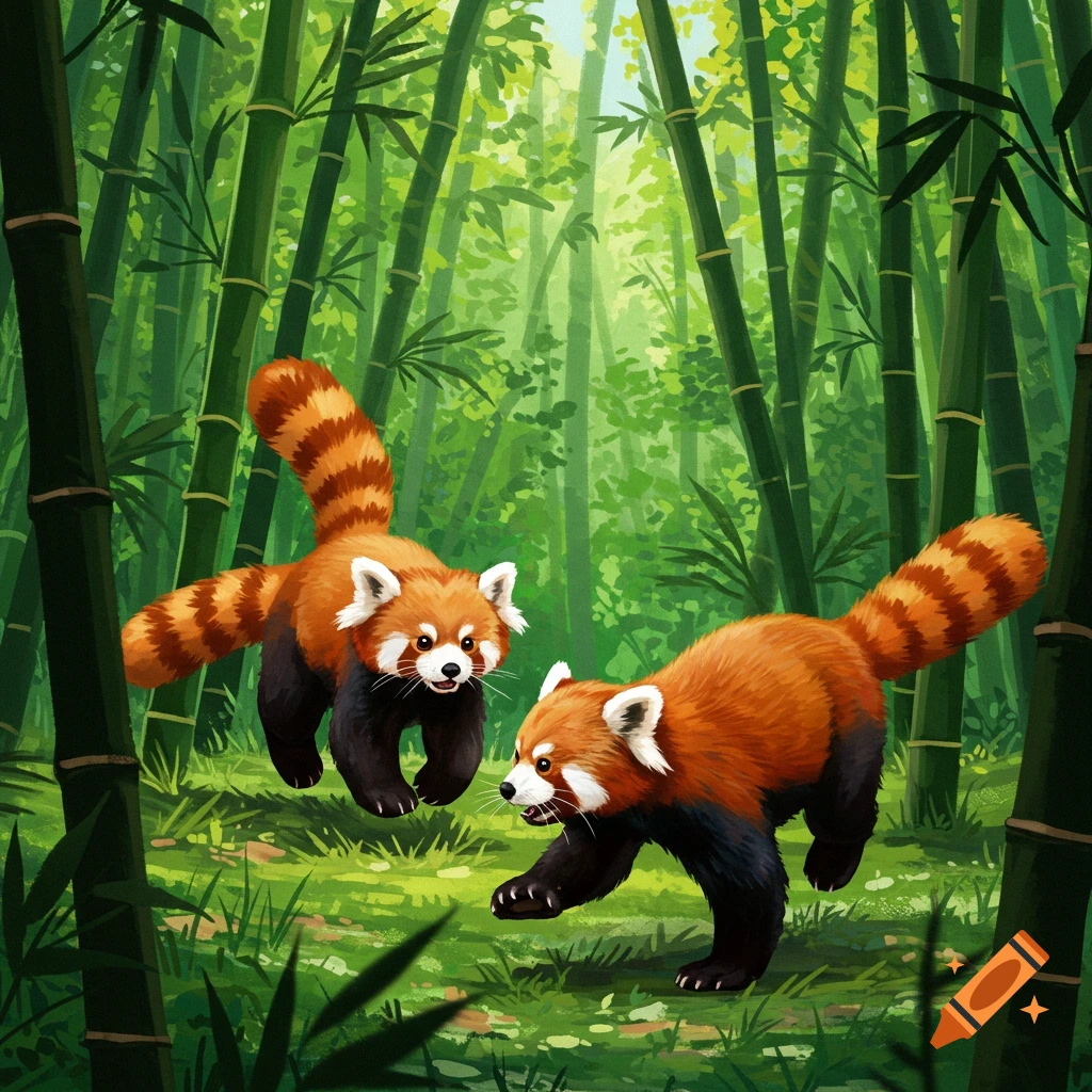 Two red pandas chasing each other in a bamboo forest illustration on Craiyon