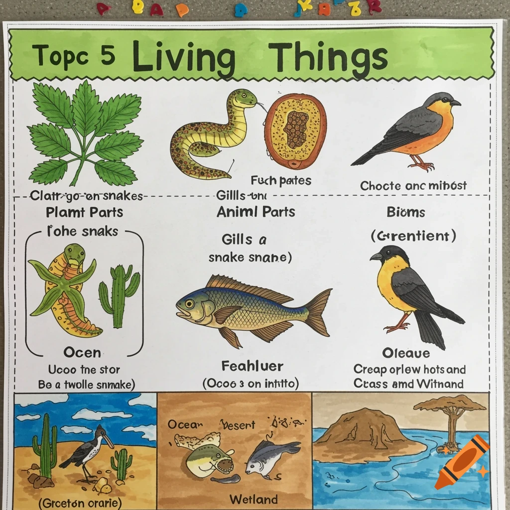 Plant and animal parts diagram, including scales, gills, feathers, and ...