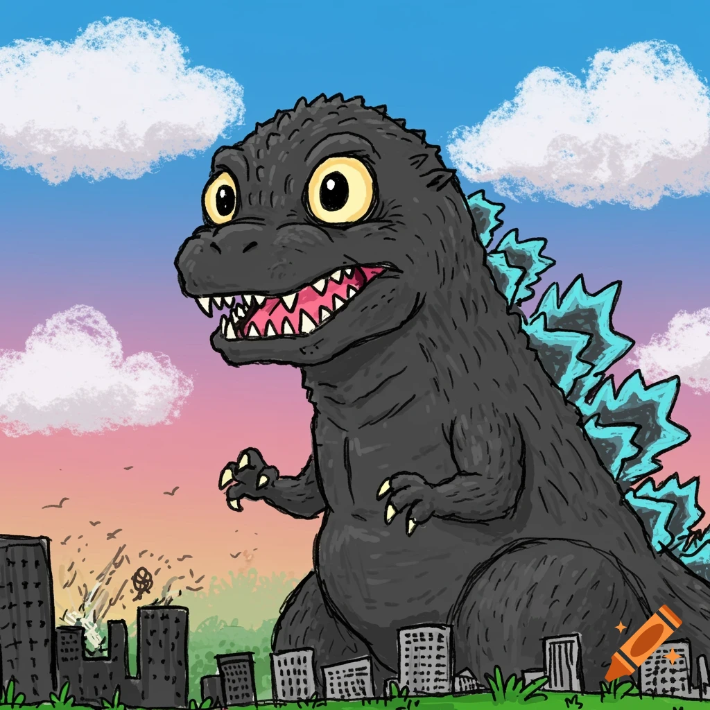 A cartoonish Godzilla destroying buildings in a city, drawn in a child ...