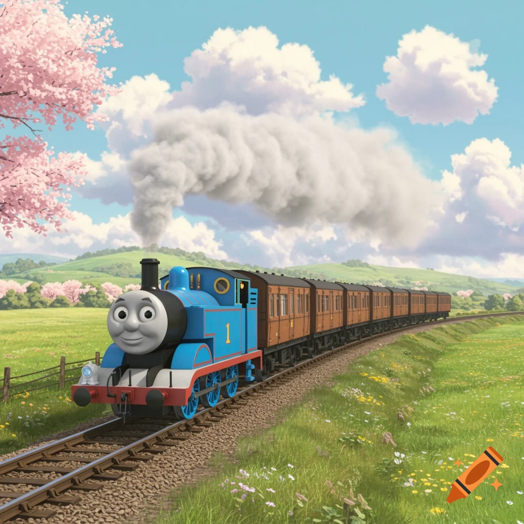 Thomas the Tank Engine train pulls carriages through a springtime landscape with pink trees and ...