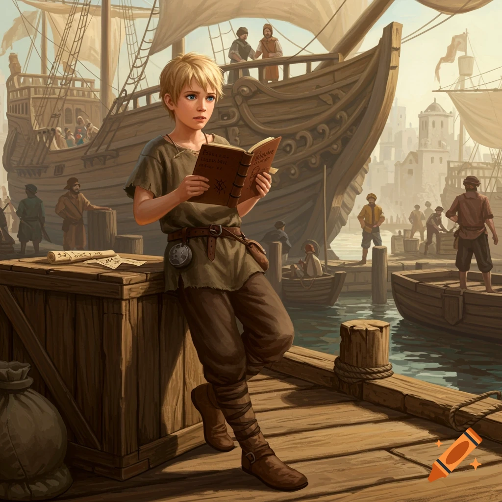 Kid adventurer at a 1500s ship dock looking at a notebook on Craiyon