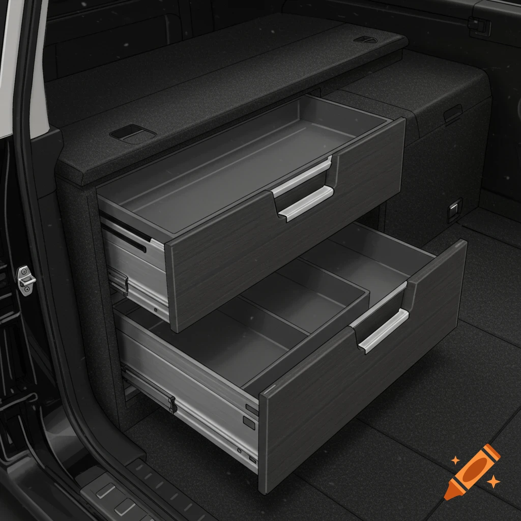 Custom dark drawers installed in the cargo area of a vehicle, one ...