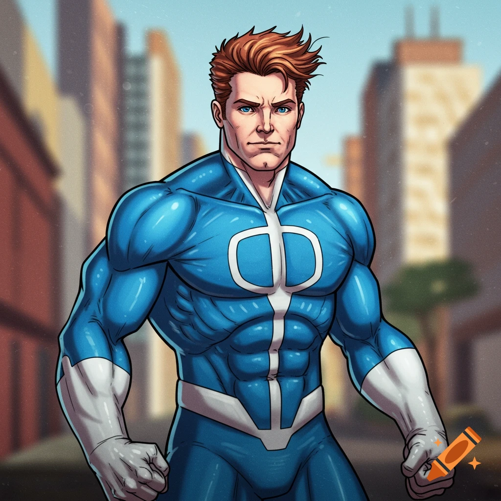 A muscular male superhero with red hair and a blue and white costume ...