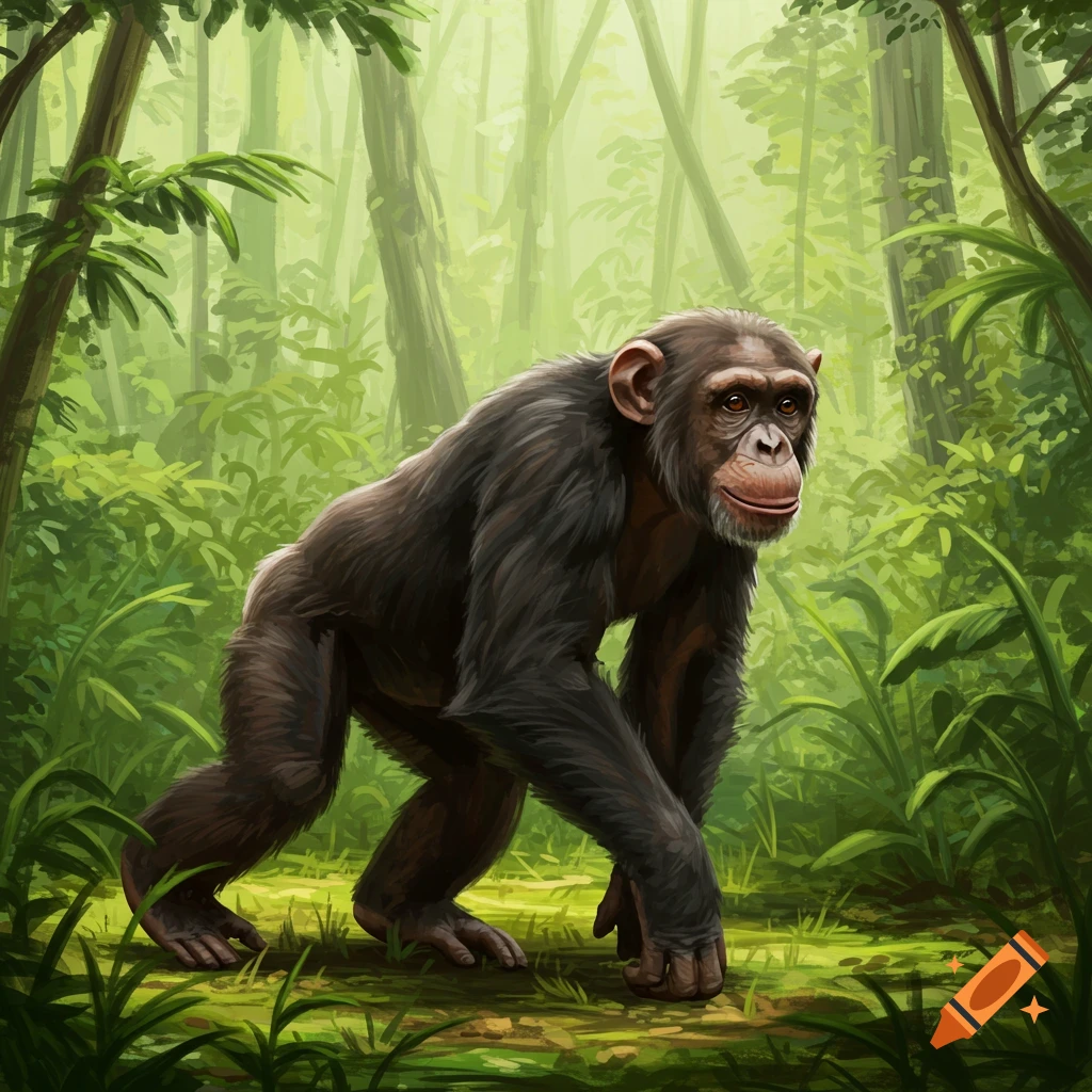 Close-up digital painting of a chimpanzee smiling in a lush jungle. on ...