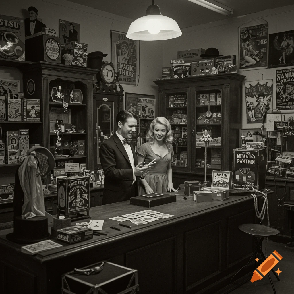 Photorealistic black and white image of a 1950s style magic trick shop ...