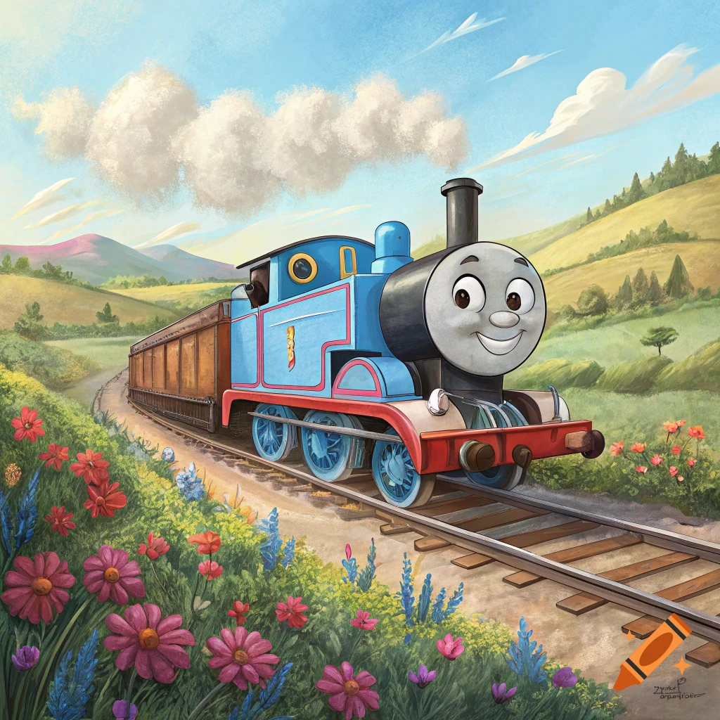 Illustrated Thomas the Tank Engine pulling three cars up a green hill, exhaling smoke and ...