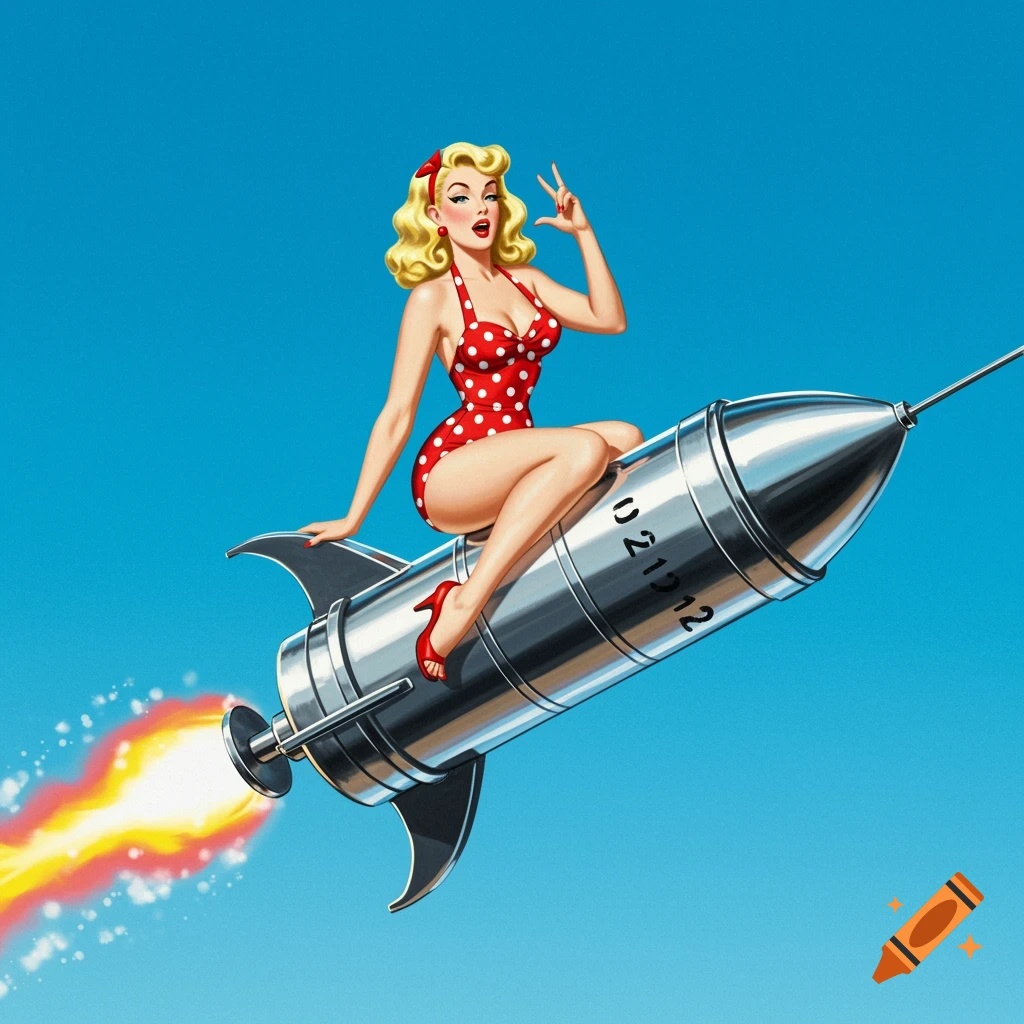 Pinup girl on syringe-shaped rocket on Craiyon