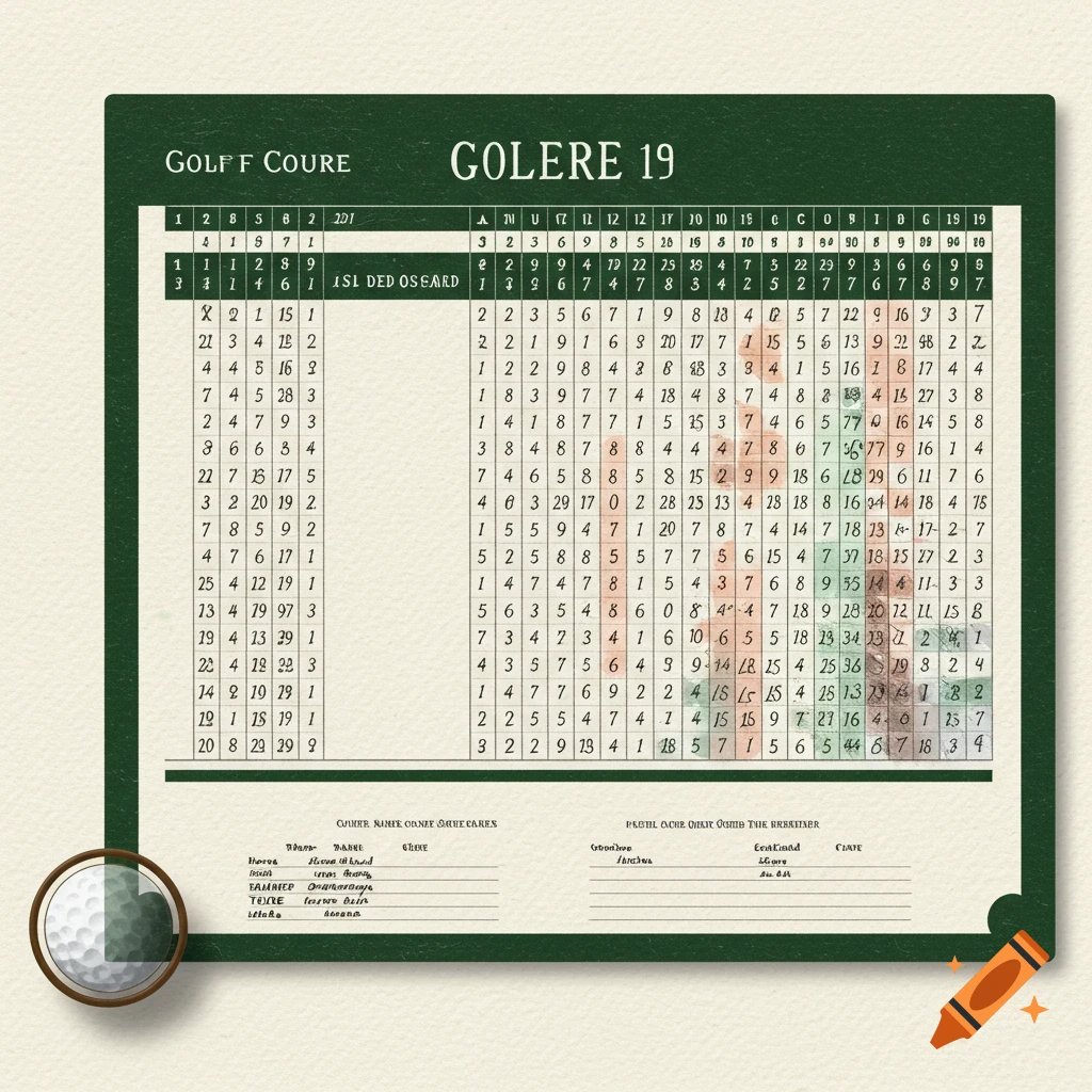 A golf score card with numbers and text, and a golf ball. on Craiyon