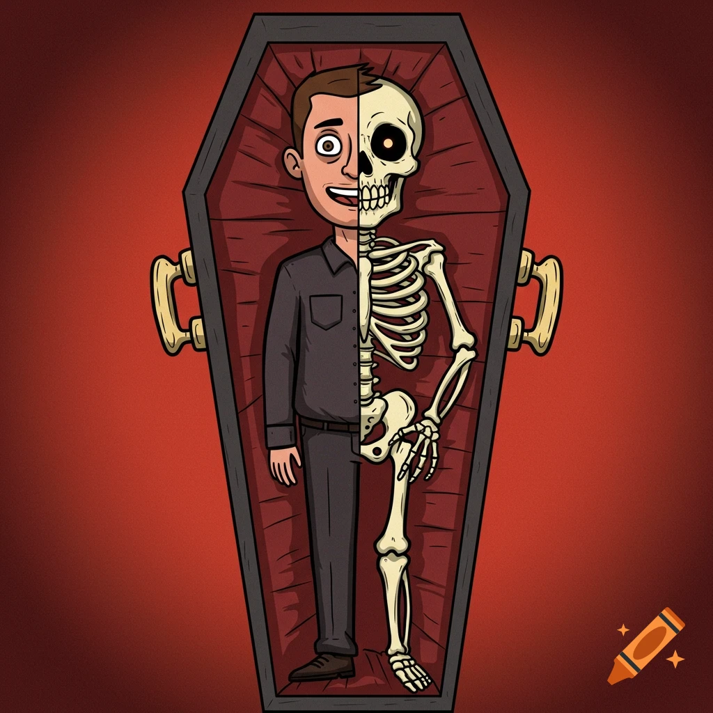 Cartoon split portrait of a man in a coffin, half living and half ...
