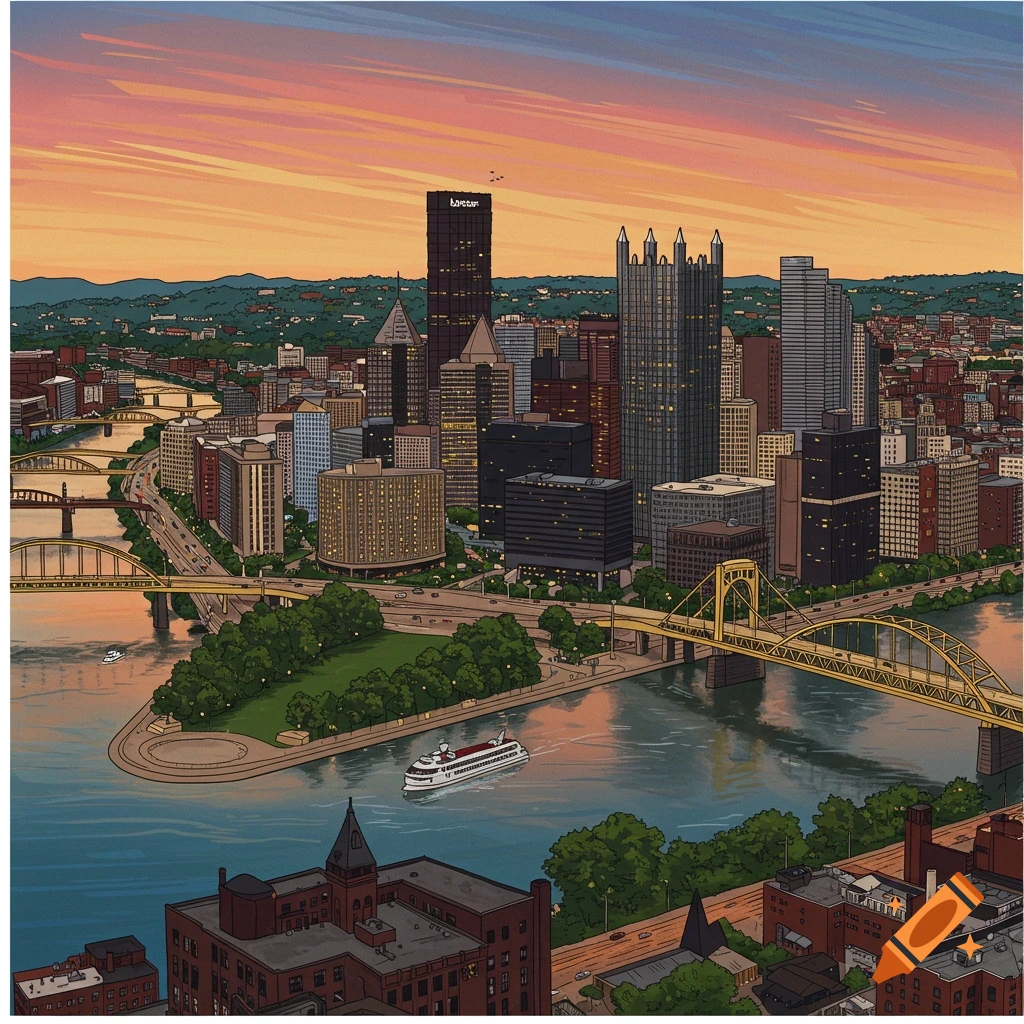 An illustration of a city with a large domed building and castle on a ...