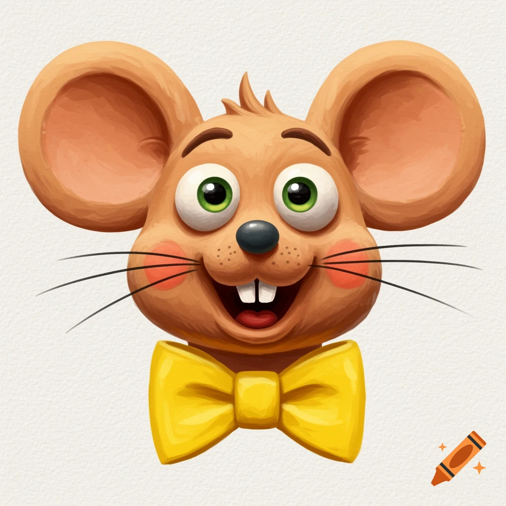 A cute cartoon mouse head with big ears and a yellow bowtie. on Craiyon