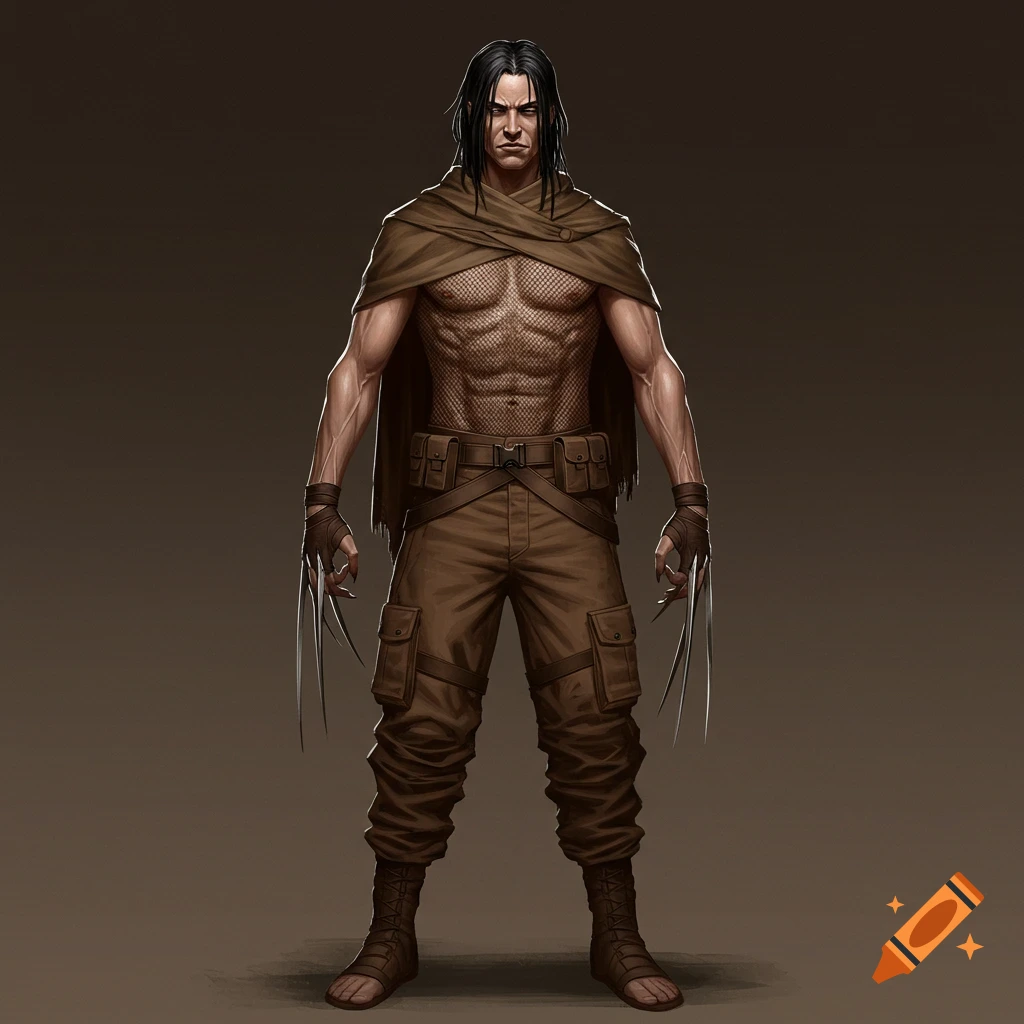 Full body illustration of a man with long black hair, mesh shirt, cloak ...