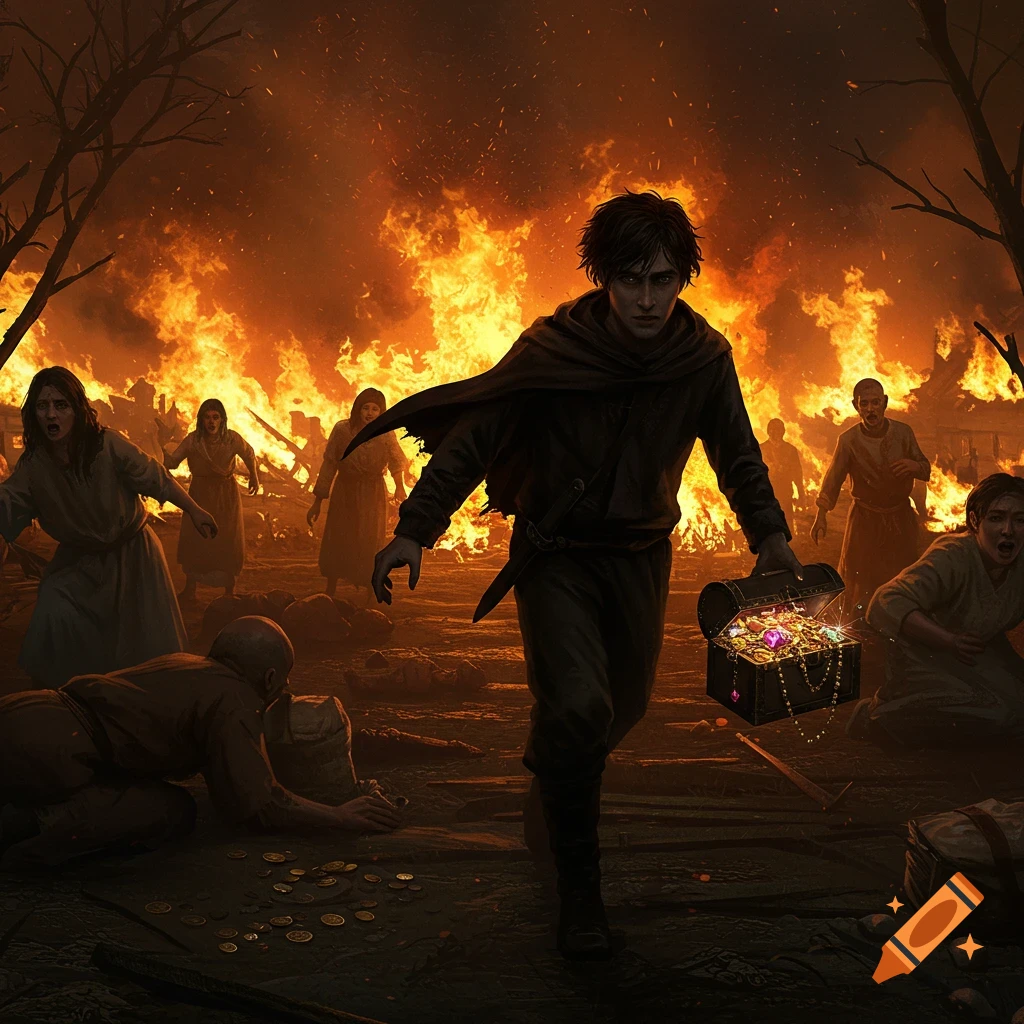 Dark figure carrying treasure runs from burning village as villagers ...