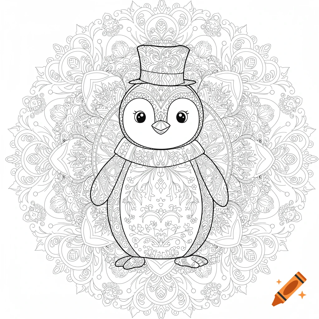 Line art coloring page of a cartoon penguin in a top hat with a mandala ...