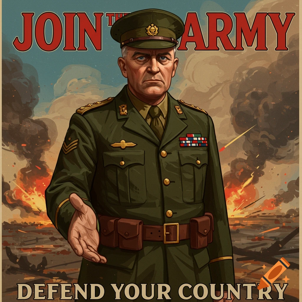 Propaganda poster of a military general asking people to join the army, in a historical art ...