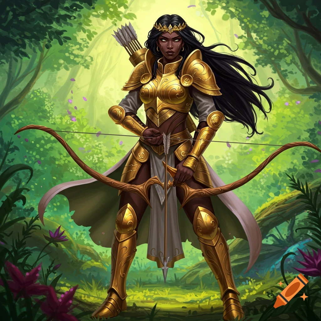 A fantasy warrior archer princess in golden armor stands in a forest with a bow. on Craiyon