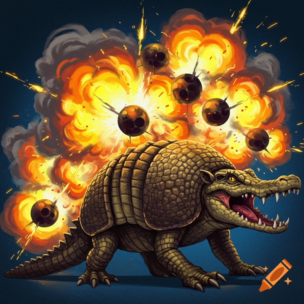 A crocodillo creature stands in front of a large explosion with flying ...