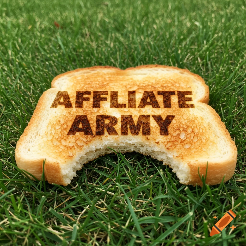Slice of toast burned with 'Affiliate Army' text on grass ...