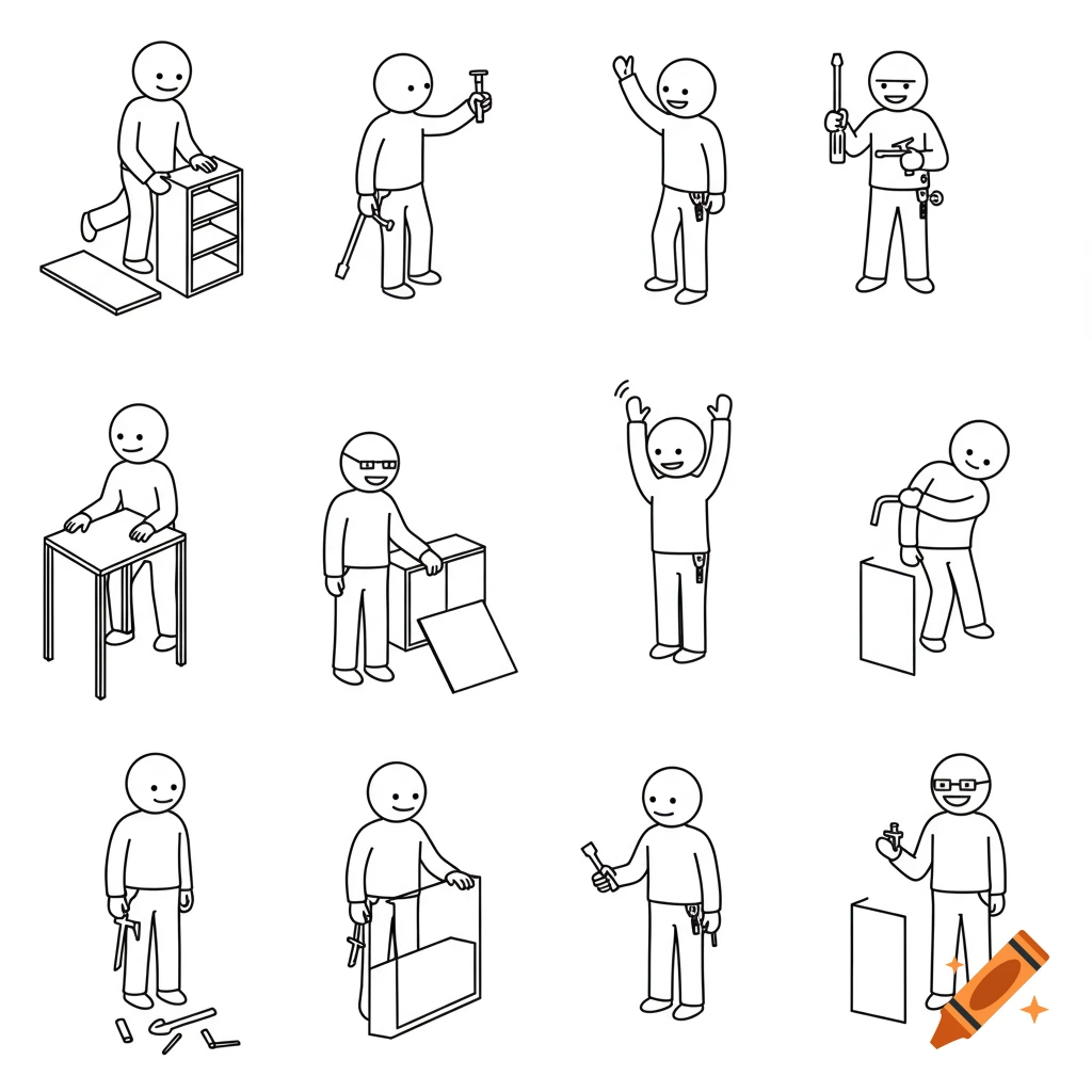 Ikea man in assembling instructions, 10 positions, black and white on ...