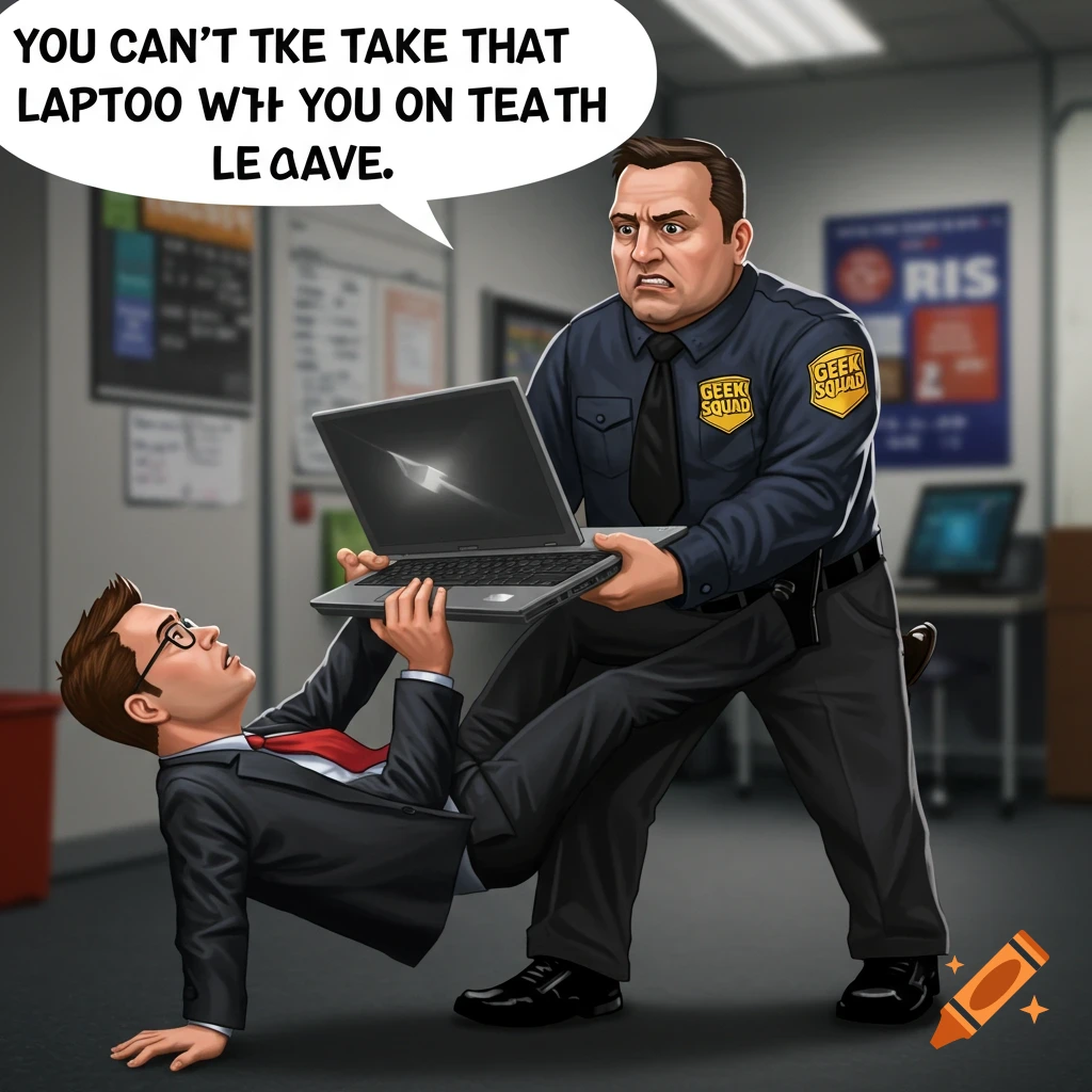 Geek Squad agent confiscating laptop from employee on Craiyon