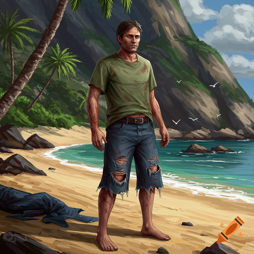 A man in ripped clothes stands on a tropical beach. Palm trees, ocean ...