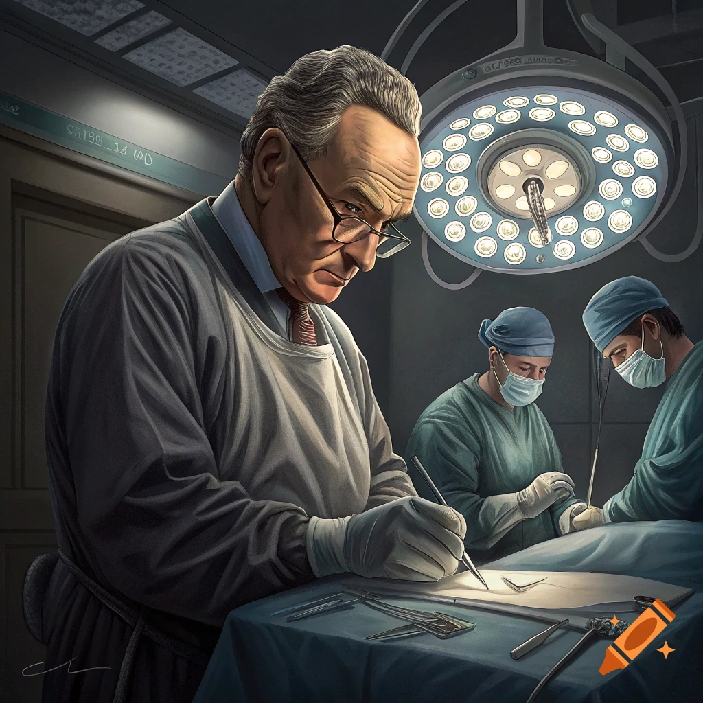 Surgeons perform an operation in a brightly lit operating room, painted ...