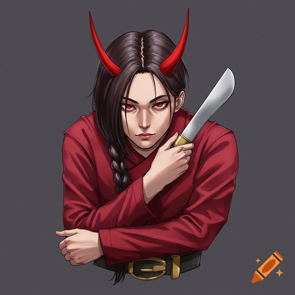 Illustration of a woman with red devil horns and glowing eyes holding a ...