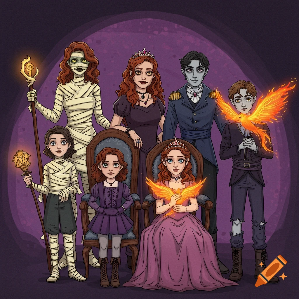 Illustration of a fantasy monster family portrait with a mummy, witch ...