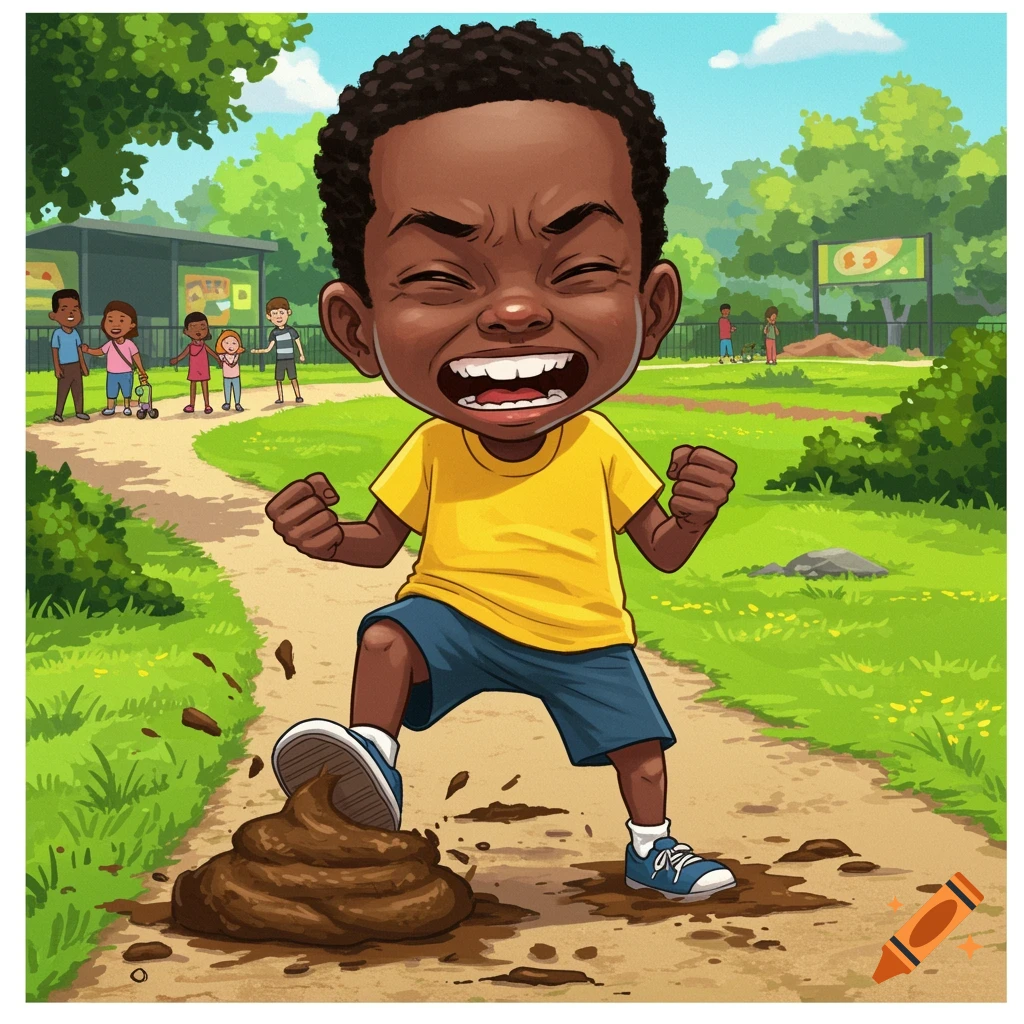Black cartoon kid stepping on manure at the zoo on Craiyon