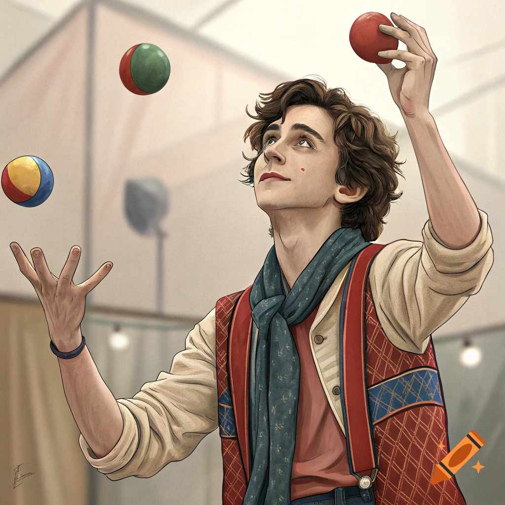 Illustrated portrait of a man resembling Timothée Chalamet juggling ...