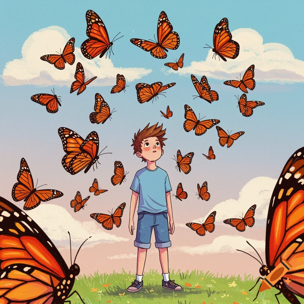 Illustration of a boy in a field looking up at many monarch butterflies ...