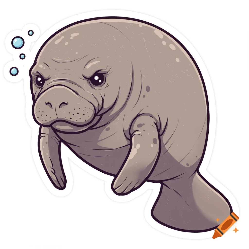 Cartoon sticker of a cute and slightly aggressive manatee floating with ...