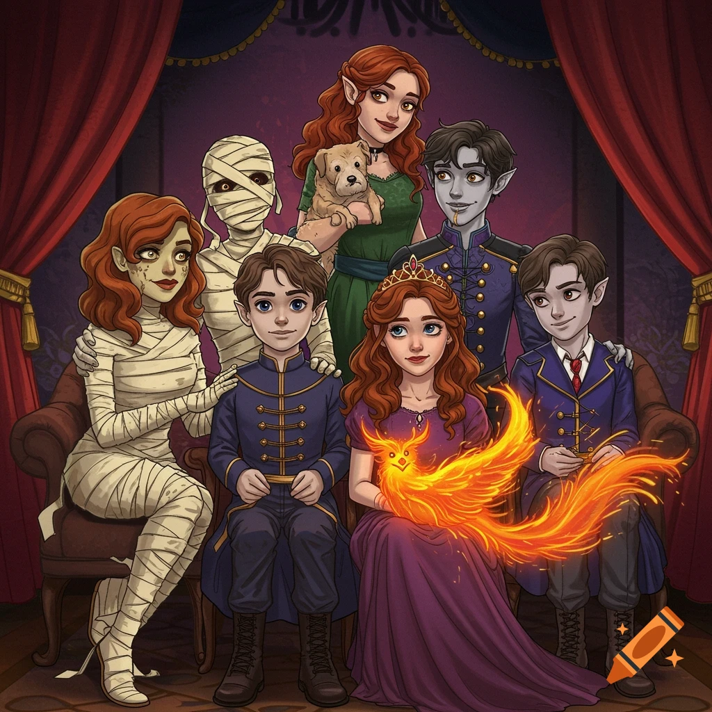 Illustrative group portrait of a family including a mummy, vampire, and ...