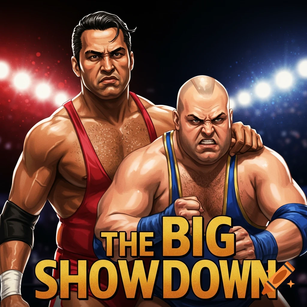 Two wrestlers in a ring with the text 'THE BIG SHOWDOWN' below ...