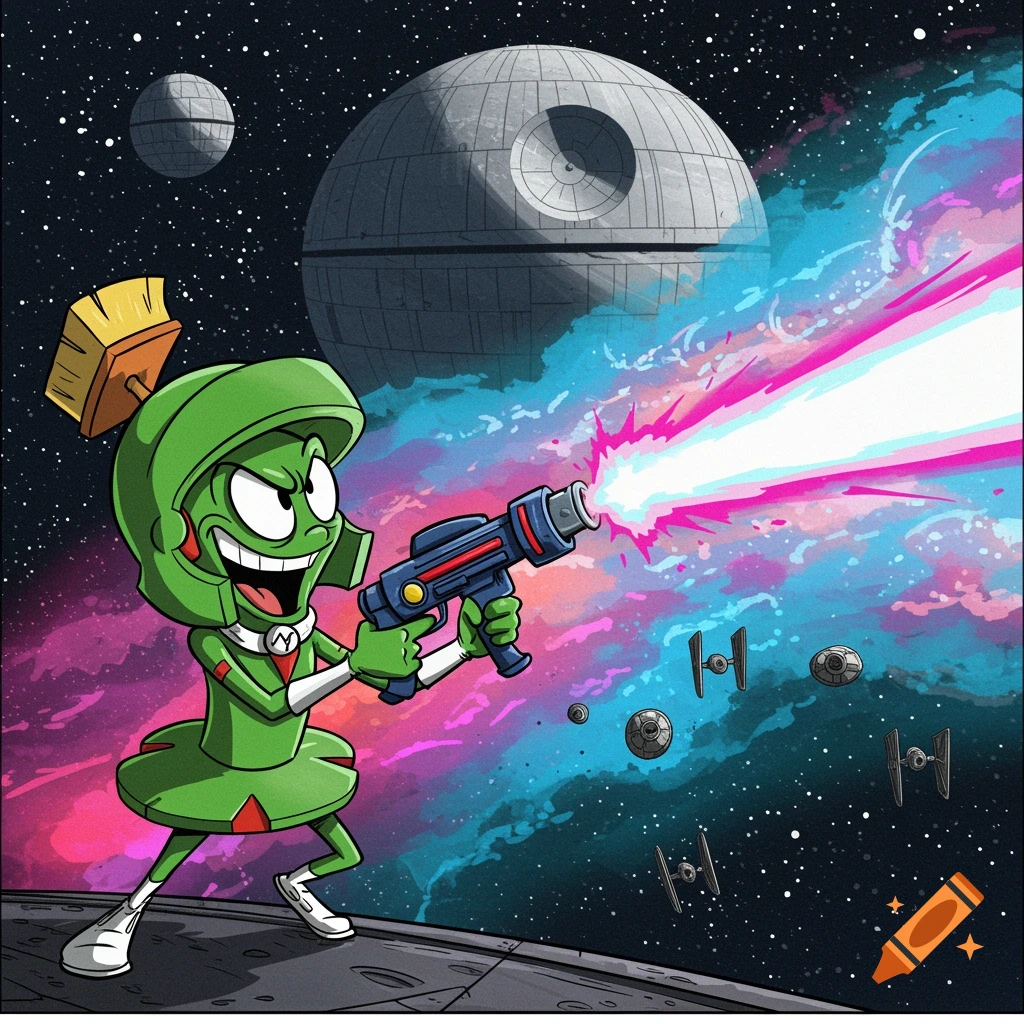 Cartoon Marvin the Martian shoots a laser at the Death Star in space ...