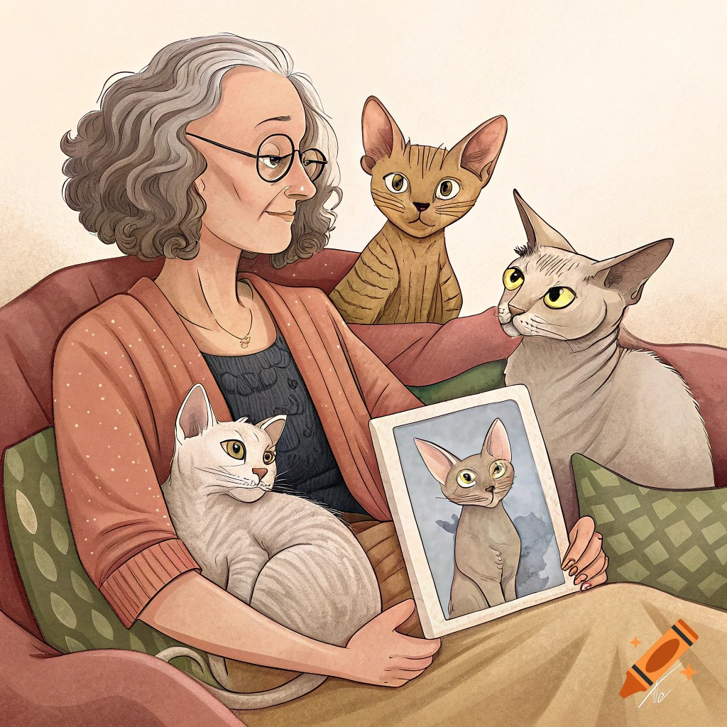 An elderly woman sits with several cats, holding a picture of a cat, in ...