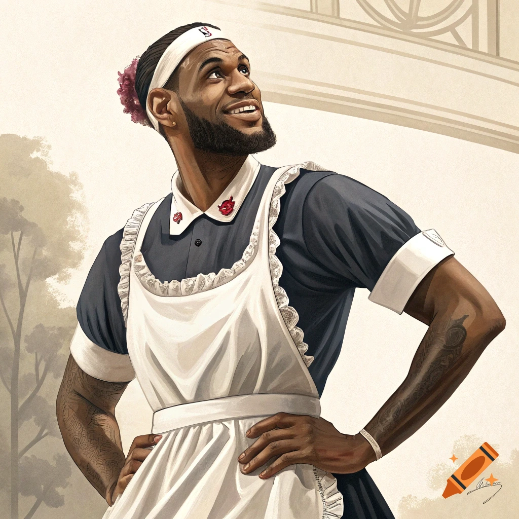 Illustration of Lebron James wearing a maid dress, looking up and ...