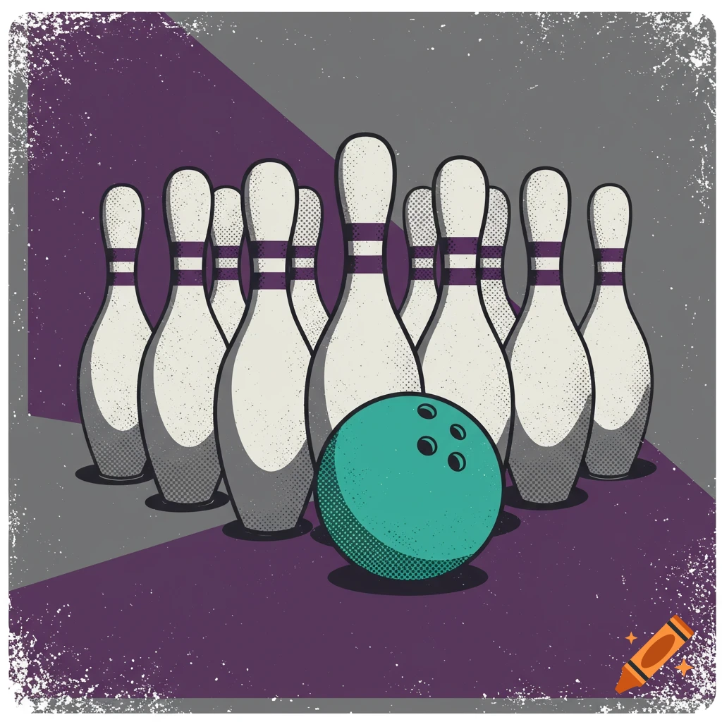 Bowling pins and ball in purple, gray, white, and teal vintage ...