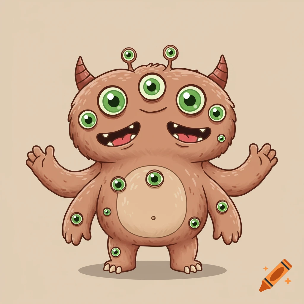 Adorable multi-headed monster with green eyes and multiple limbs on Craiyon