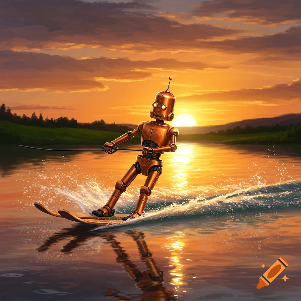 Copper robot water skiing on Craiyon