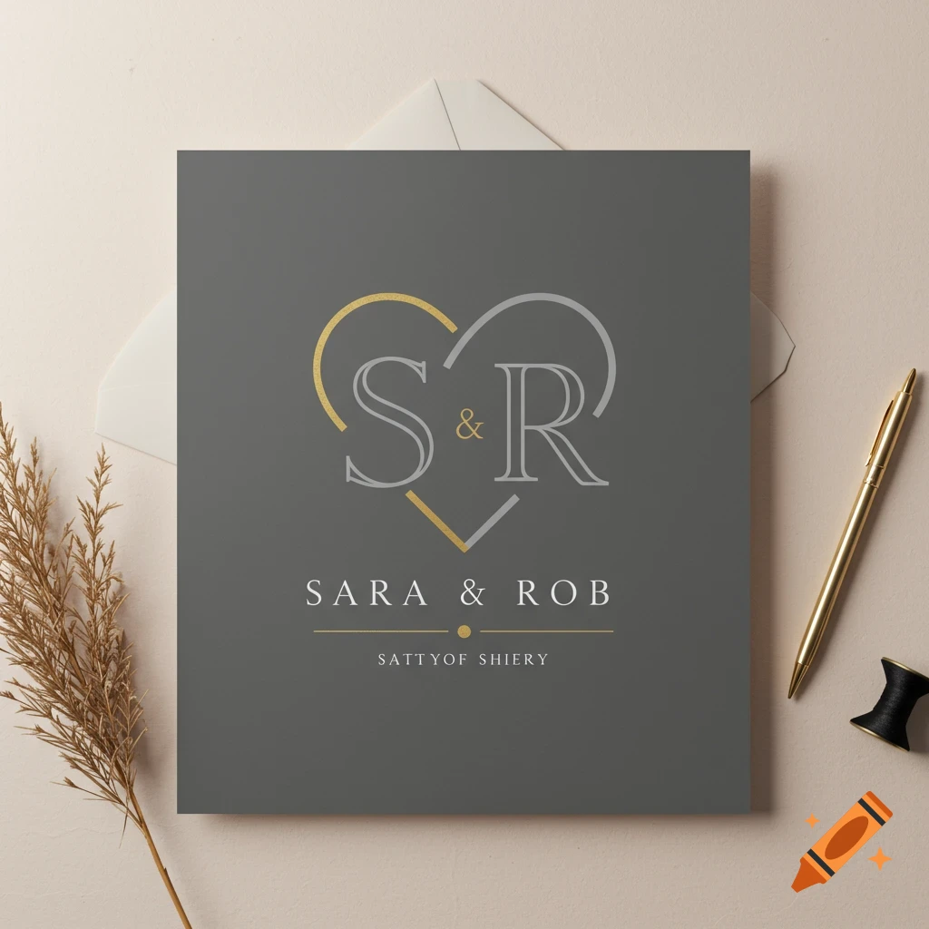 Grey card with a gold and silver S&R monogram in a heart, text 'SARA ...