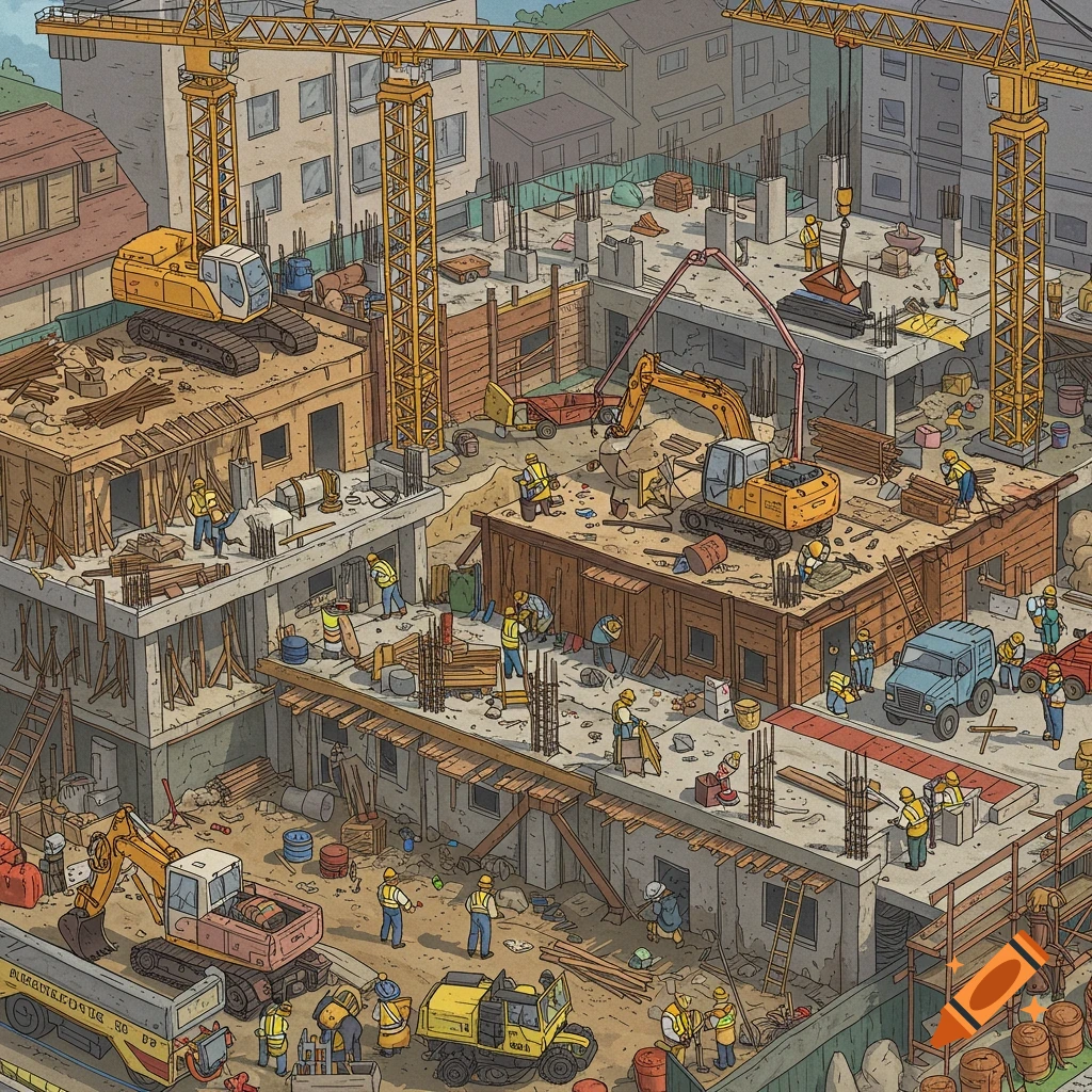 Cartoon illustration of a busy construction site with cranes ...
