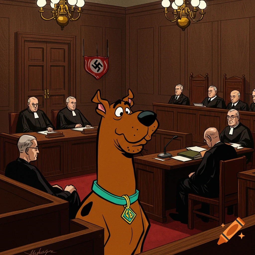 Cartoon of Scooby-Doo in a courtroom with judges, a swastika banner ...