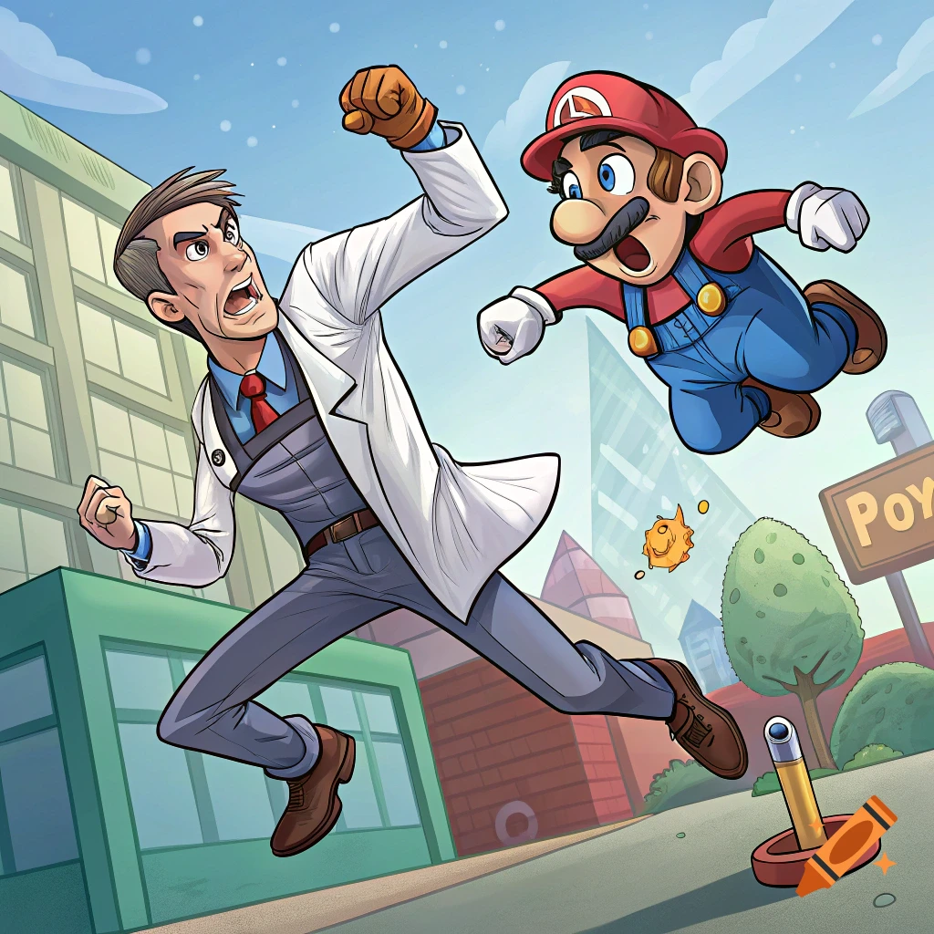Cartoon image of Mario jumping towards a man resembling Bill Nye the ...