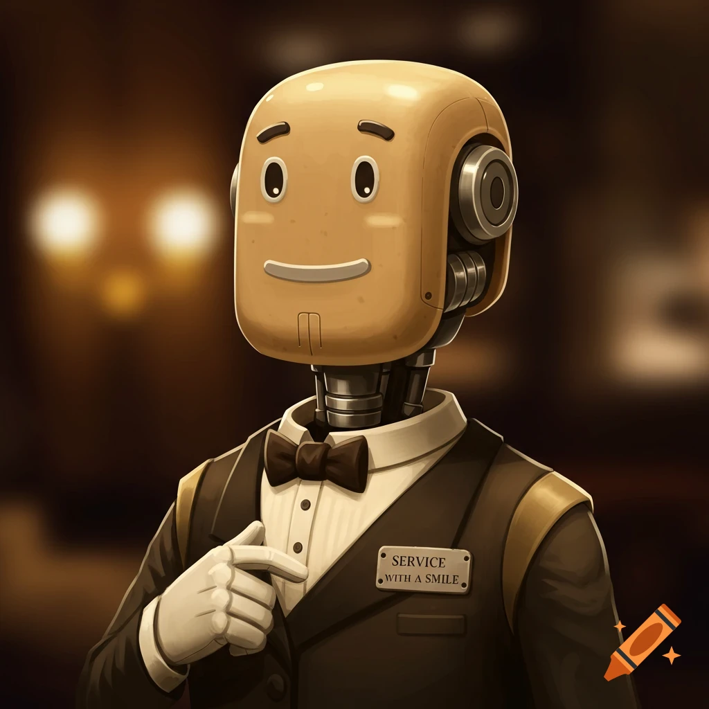 A robot dressed as a butler points to a name badge that says 'Service ...