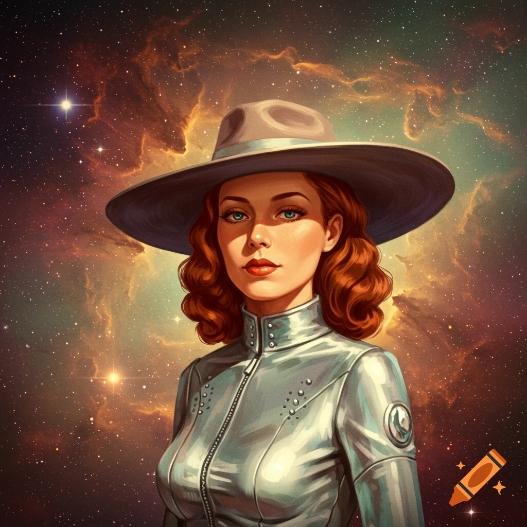 A woman in a golden jumpsuit and brown hat stands against a space nebula background. on Craiyon