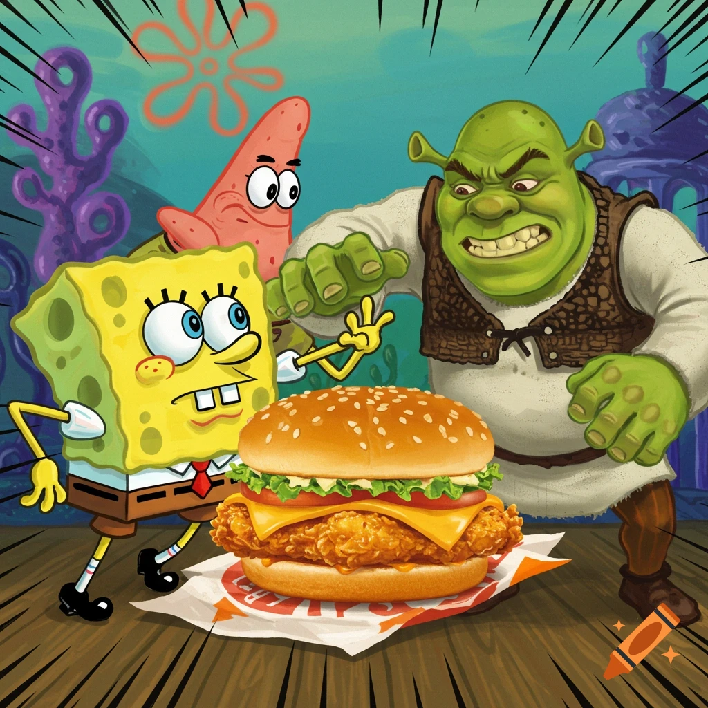 Spongebob fighting Shrek over a Popeyes chicken sandwich on Craiyon