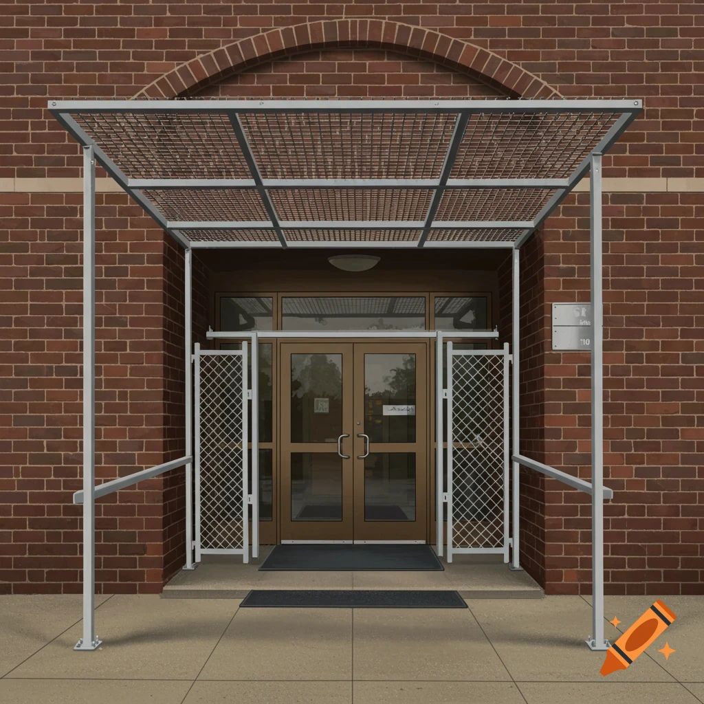 Brick building entrance with a metal mesh awning over glass doors and ...